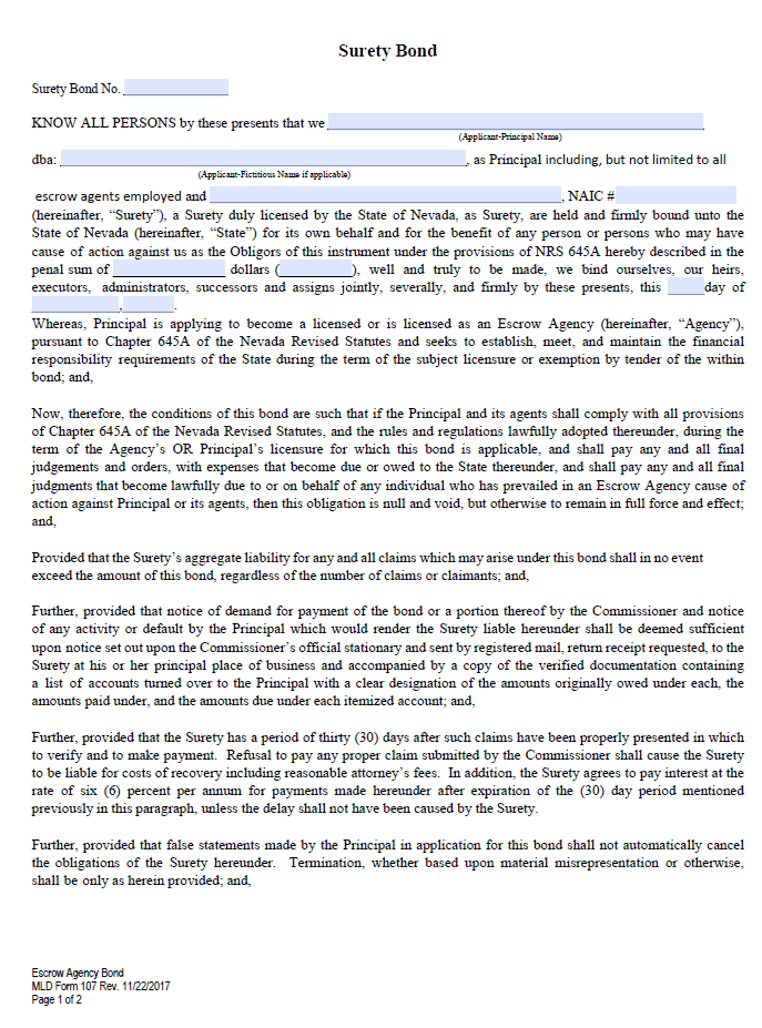 Nevada Escrow Agency Bond: A Comprehensive Guide