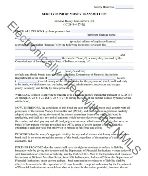 Indiana Money Transmitter Bond: A Comprehensive Guide