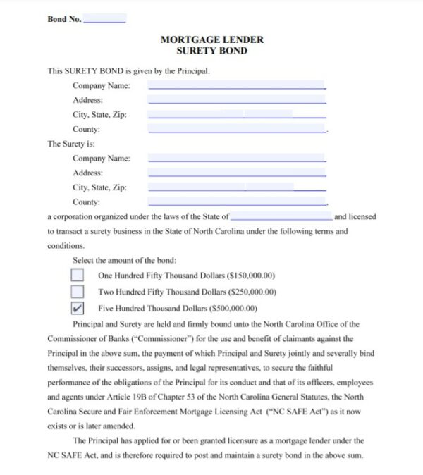 North Carolina Mortgage Lender Bond