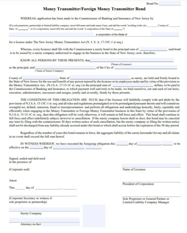 New Jersey Money Transmitter Bond: A Comprehensive Guide